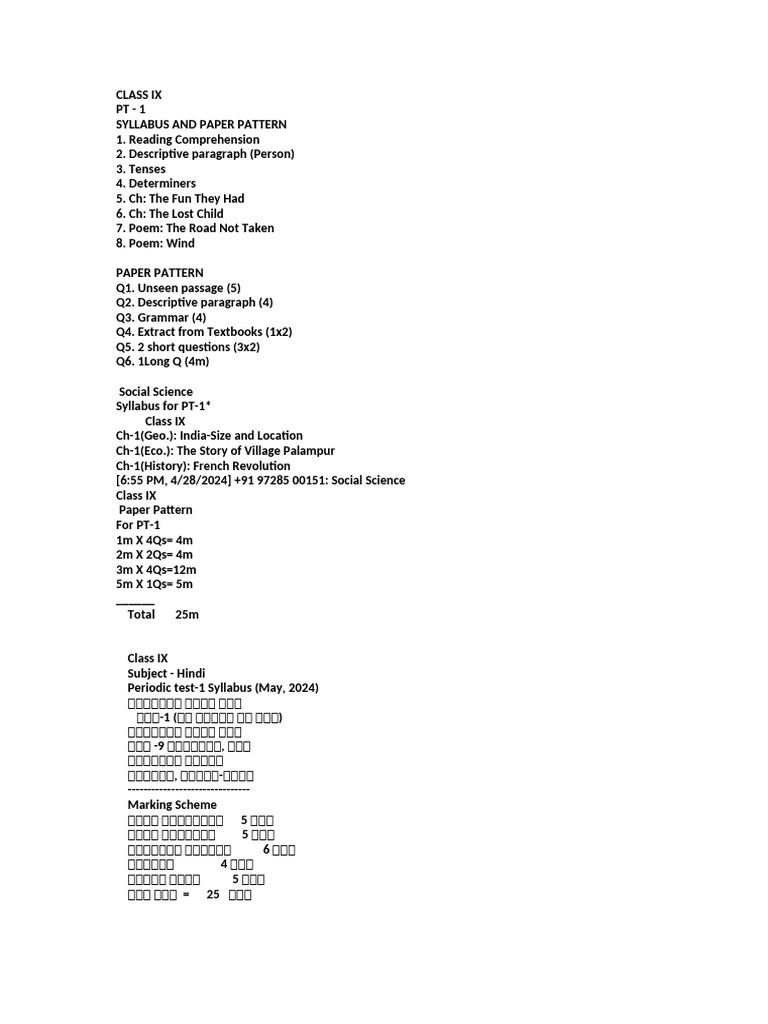 Class IX PT-1 & PT-2 Syllabus | PDF