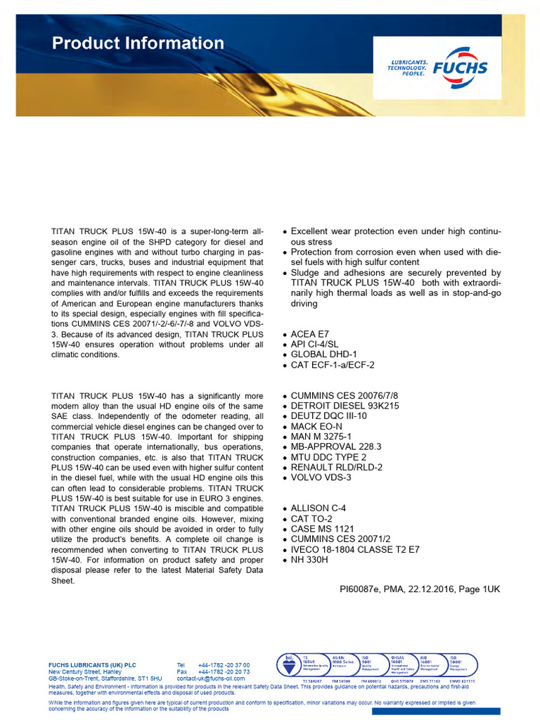 Fuchs Titan Truck Plus 15w40 | PDF | Motor Oil | Truck