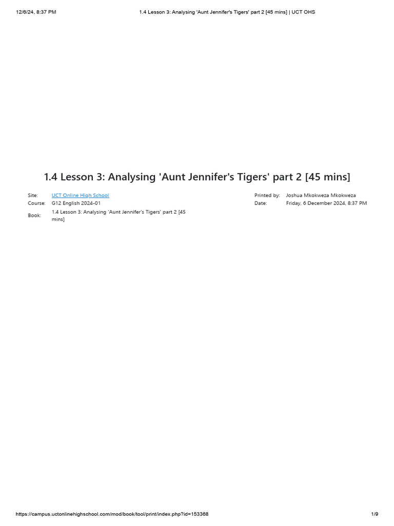 1.4 Lesson 3 - Analysing 'Aunt Jennifer's Tigers' Part 2 (45 Mins ...
