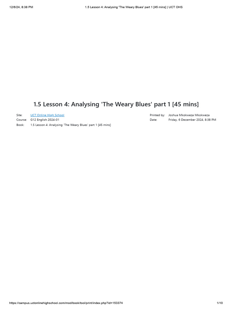 1.5 Lesson 4 - Analysing 'The Weary Blues' Part 1 (45 Mins) - UCT OHS ...