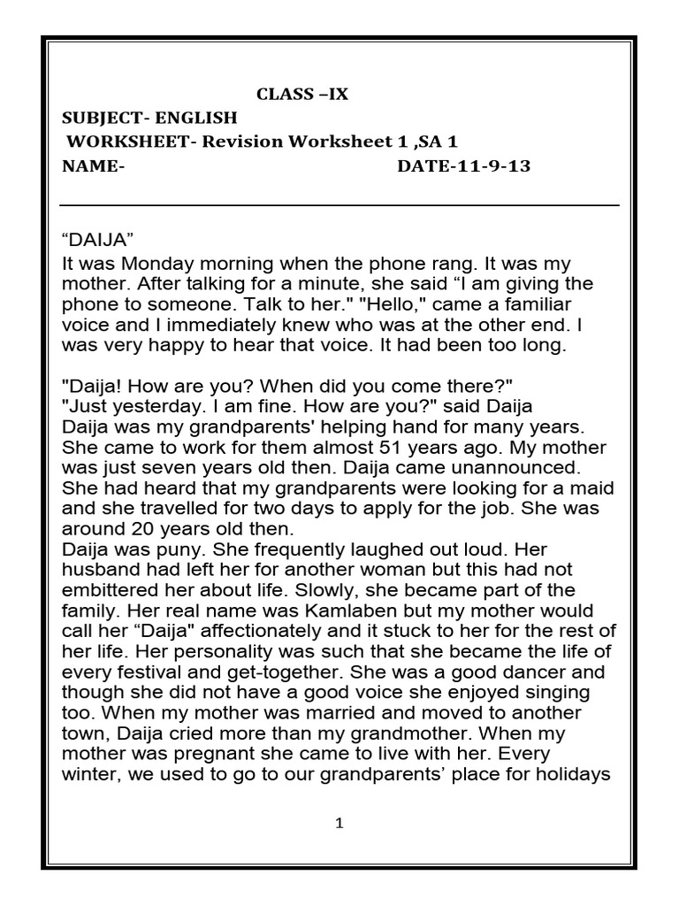 CBSE Class 9 English Worksheet (8) | PDF