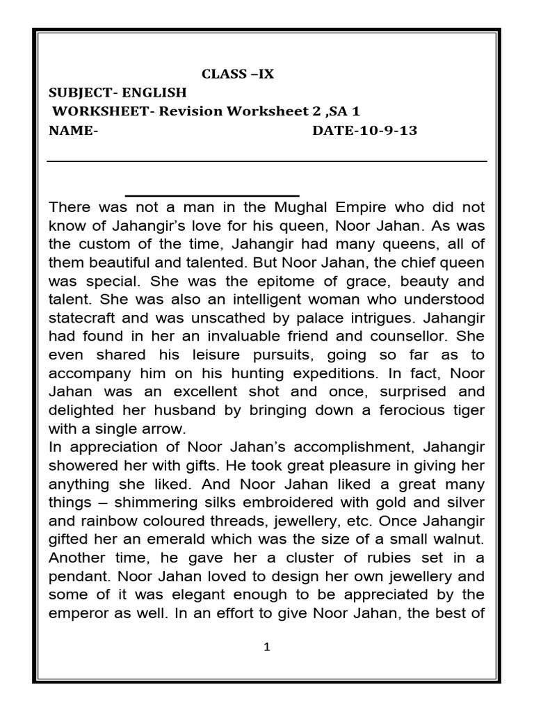 Revision Worksheet for Class IX English | PDF