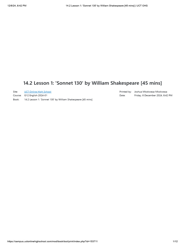 14.2 Lesson 1 - 'Sonnet 130' by William Shakespeare (45 Mins) - UCT OHS ...