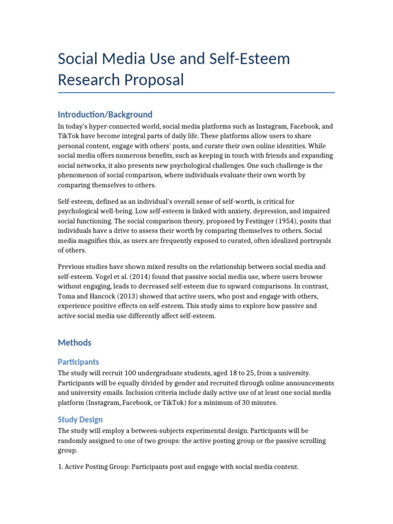 Social Media Self Esteem Research Proposal | PDF | Self Esteem | Psychology