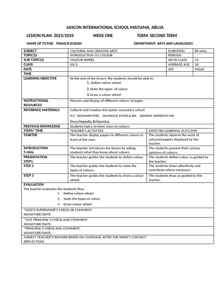 JSS 2 Cultural Arts Lesson Plans | PDF | Teachers | Lesson Plan
