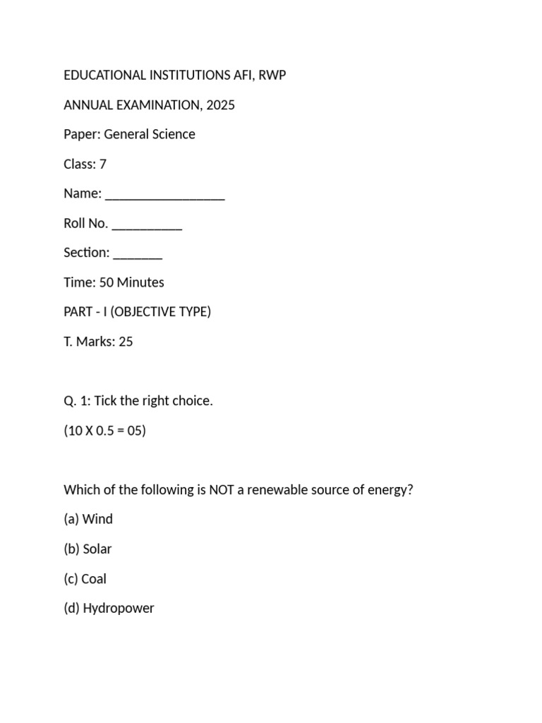 7th Class General Science Paper | PDF | Earth | Atmosphere