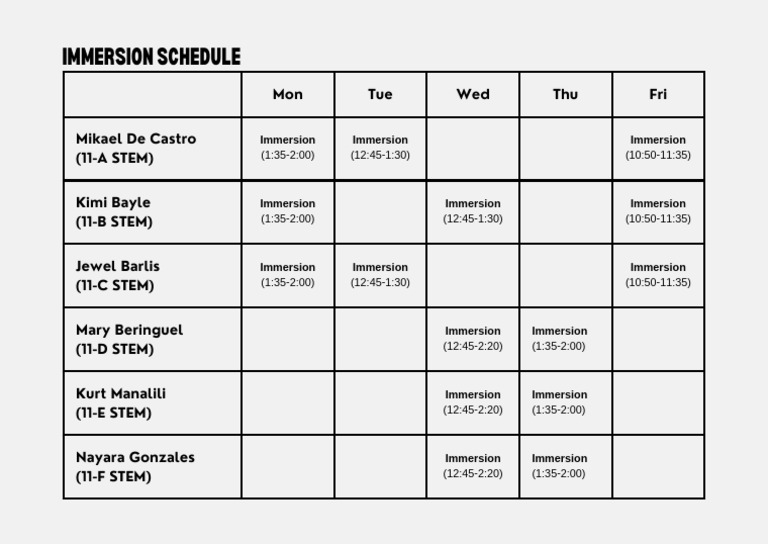 IMMERSION - Grade 11 Schedule | PDF
