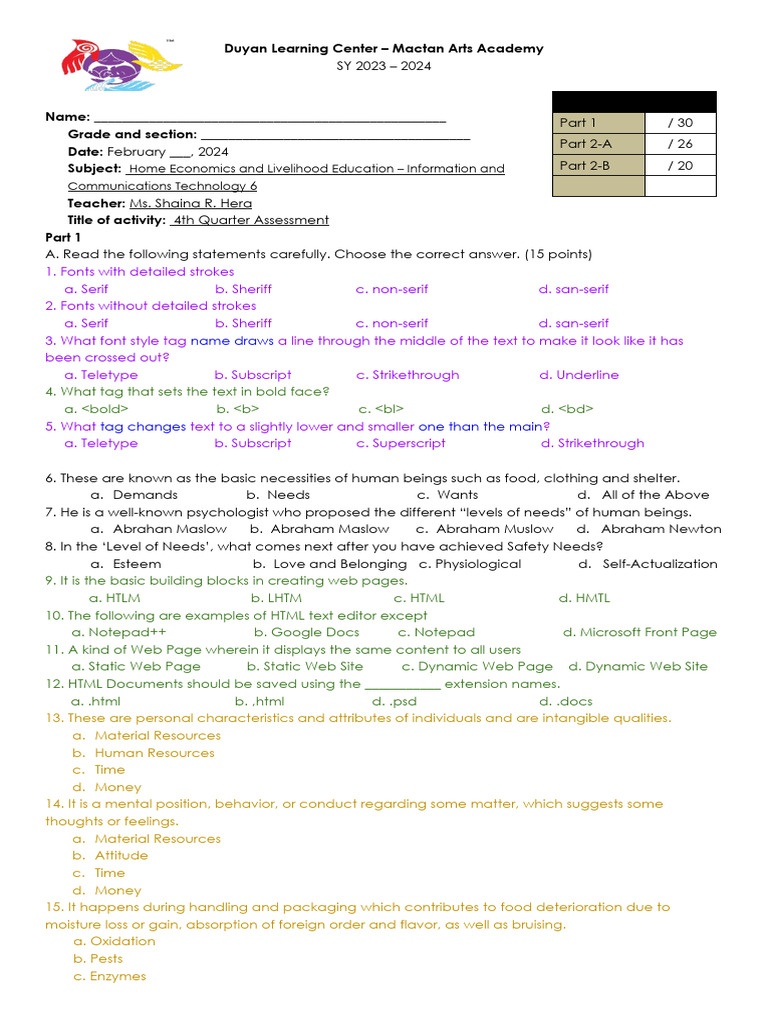 HELE-6 4th Quarter Assessment Part 1&2 - T. Shai | PDF | Html | Html ...
