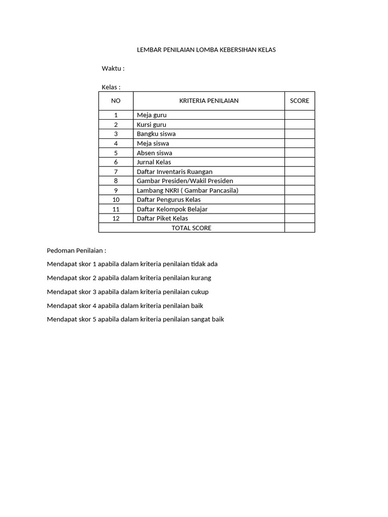 LEMBAR PENILAIAN LOMBA KEBERSIHAN KELAS | PDF