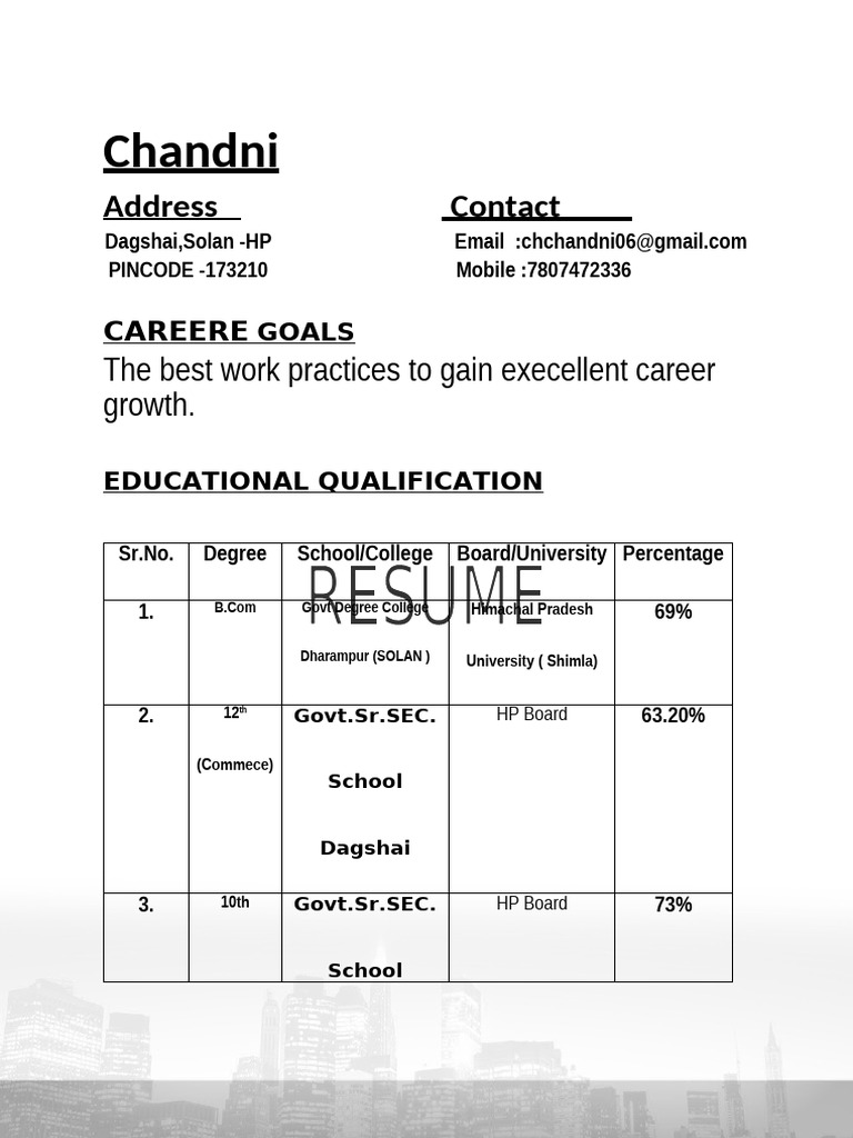 chandni resume file | PDF