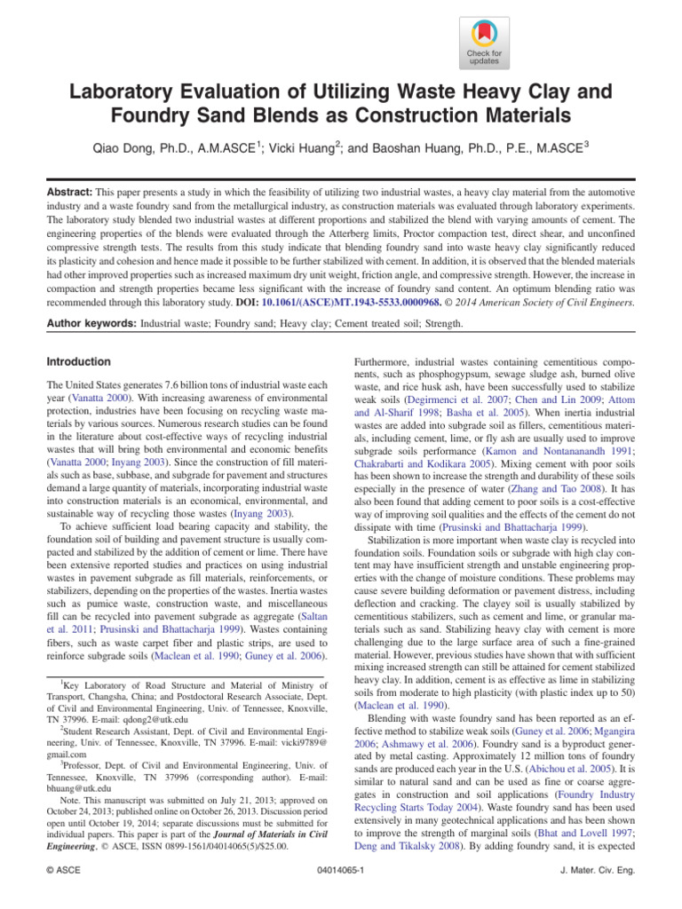 Dong Et Al 2013 Laboratory Evaluation of Utilizing Waste Heavy Clay and ...