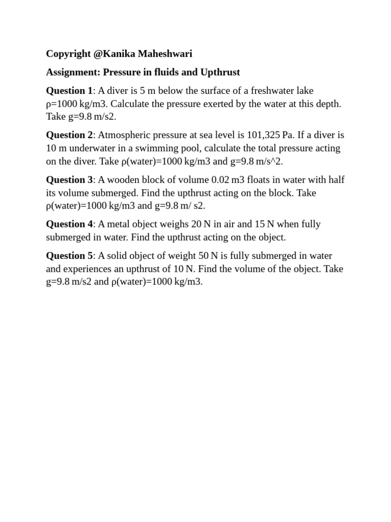 Assignment pressure in fluids and upthrust | PDF | Buoyancy | Pressure