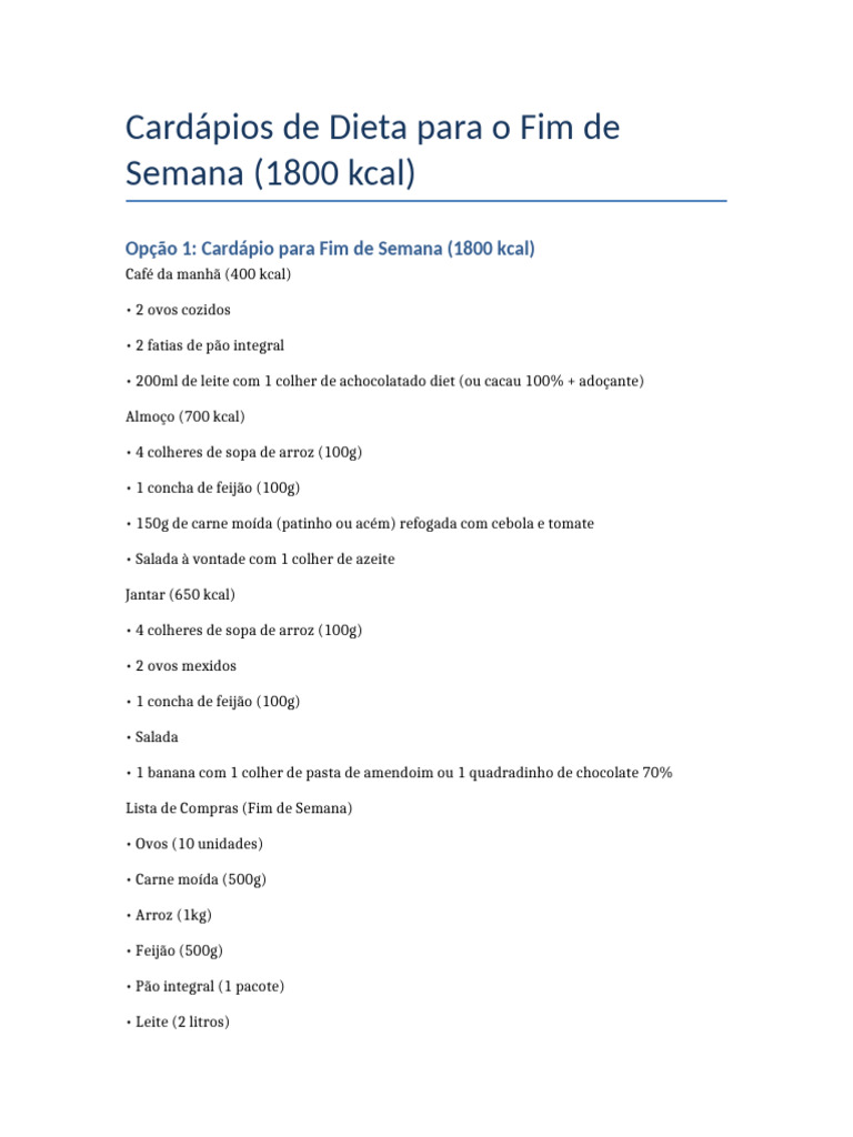 Cardapios Fim de Semana 1800kcal | PDF