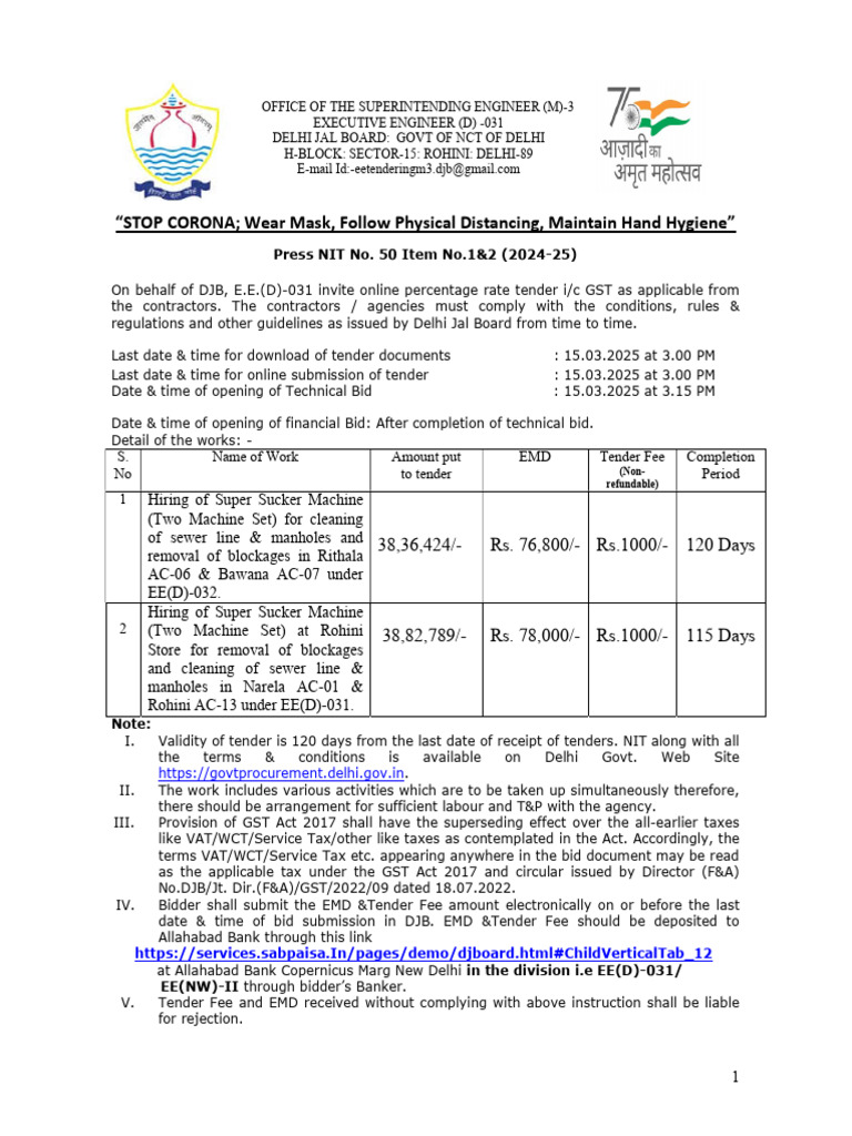 DJB Tender for Sewer Cleaning 2024-25 | PDF | General Contractor ...