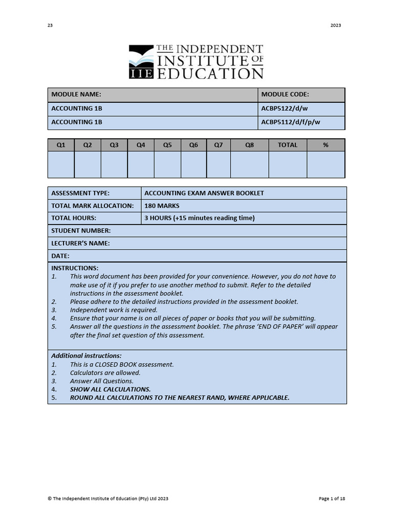 Accounting 1B Exam Answer Booklet | PDF