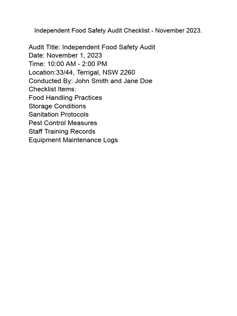 Food Safety Audit Checklist - November 2023. | PDF