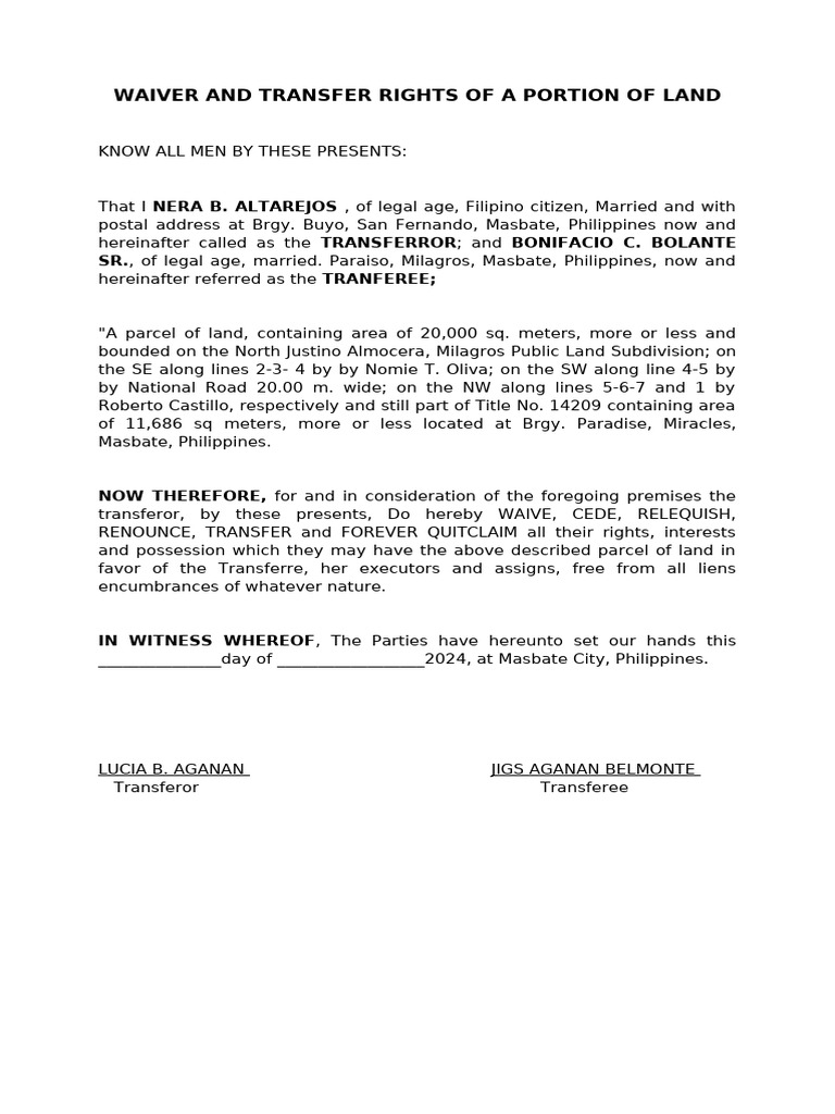 Land Waiver and Transfer Agreement | PDF | Property Law | Common Law