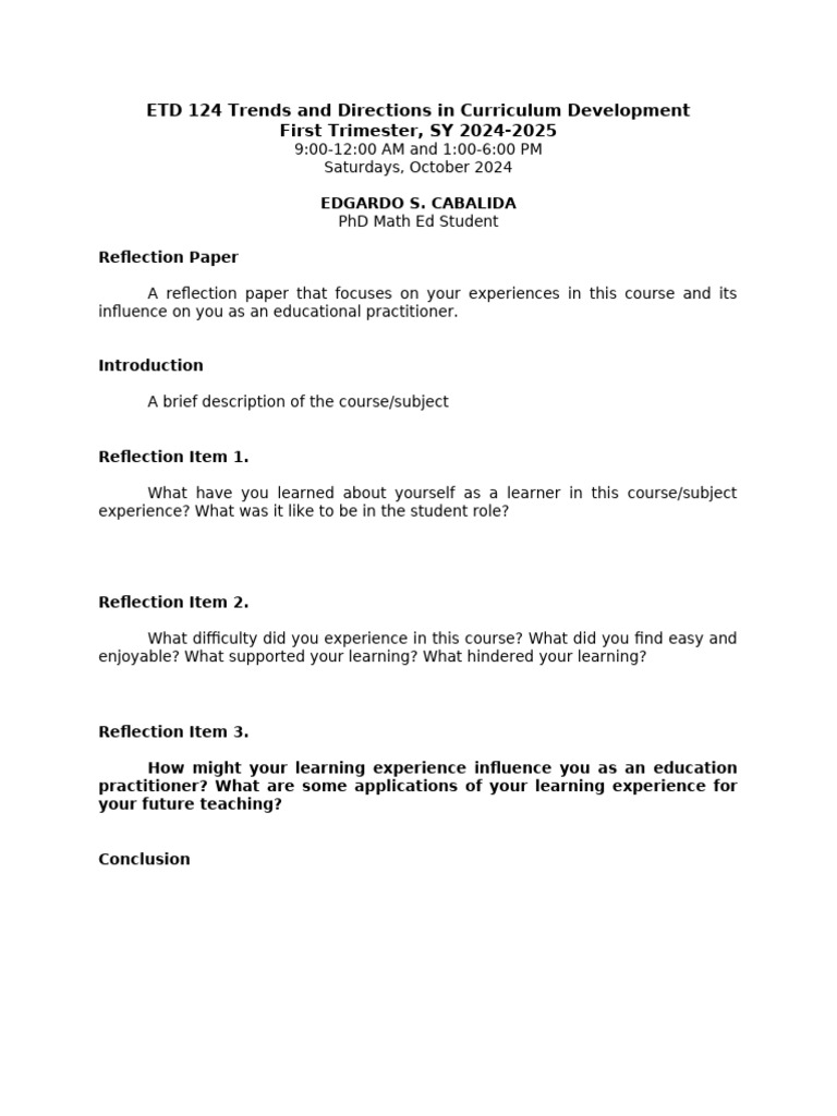 Curriculum Development Reflection Paper | PDF
