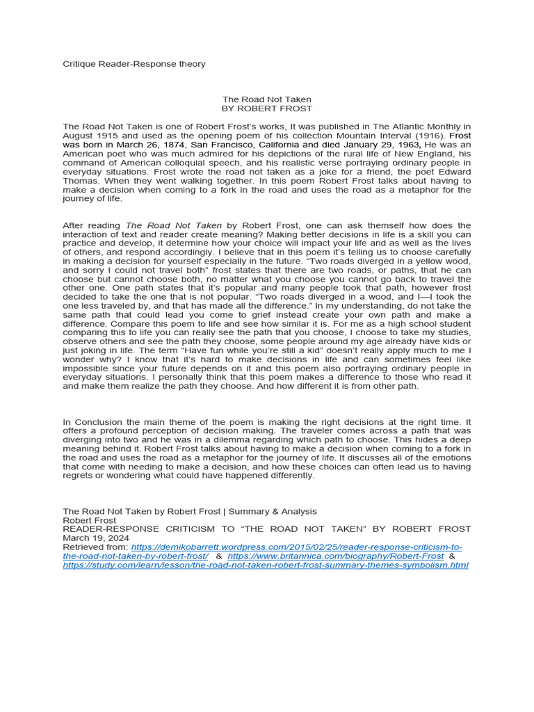 Reader-Response to Frost's Poem | PDF