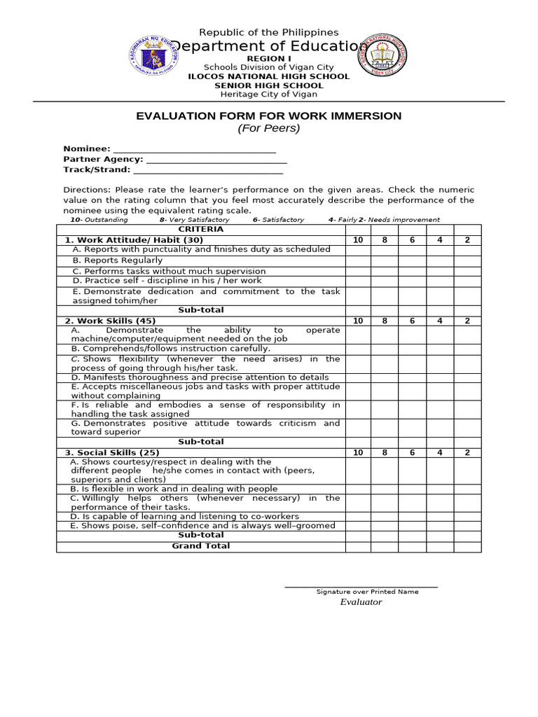 Peer Evaluation Work Immersion | PDF | Behavioural Sciences | Social Psychology