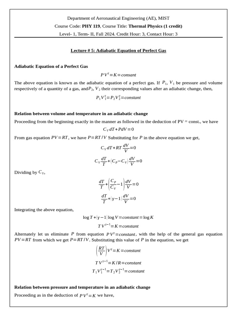 Adiabatic Equation of Perfect Gas | PDF | Gases | Mathematical Physics