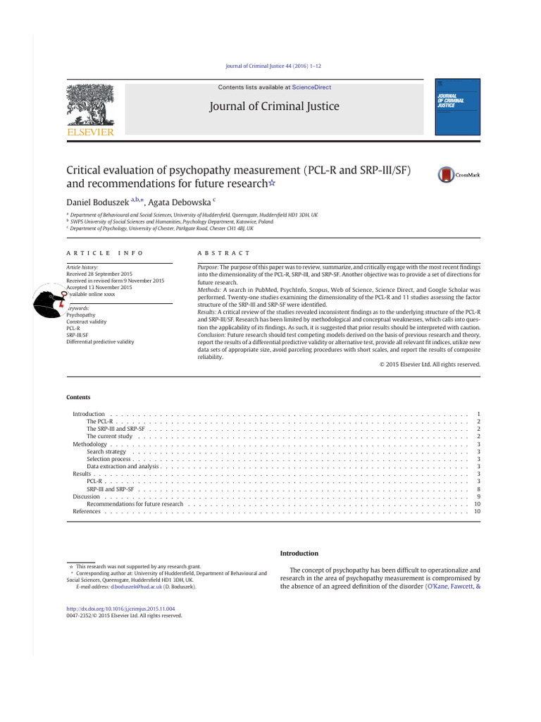 Critical Evaluation of Psychopathy Measurement (PCL-R and SRP-III/SF ...