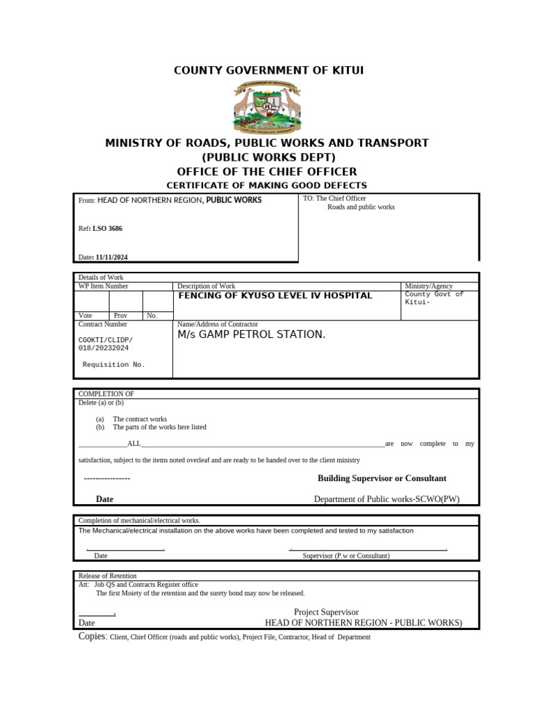 CERTIFICATE OF MAKING GOOD DEFECTS KYUSO HOSPITAL | PDF