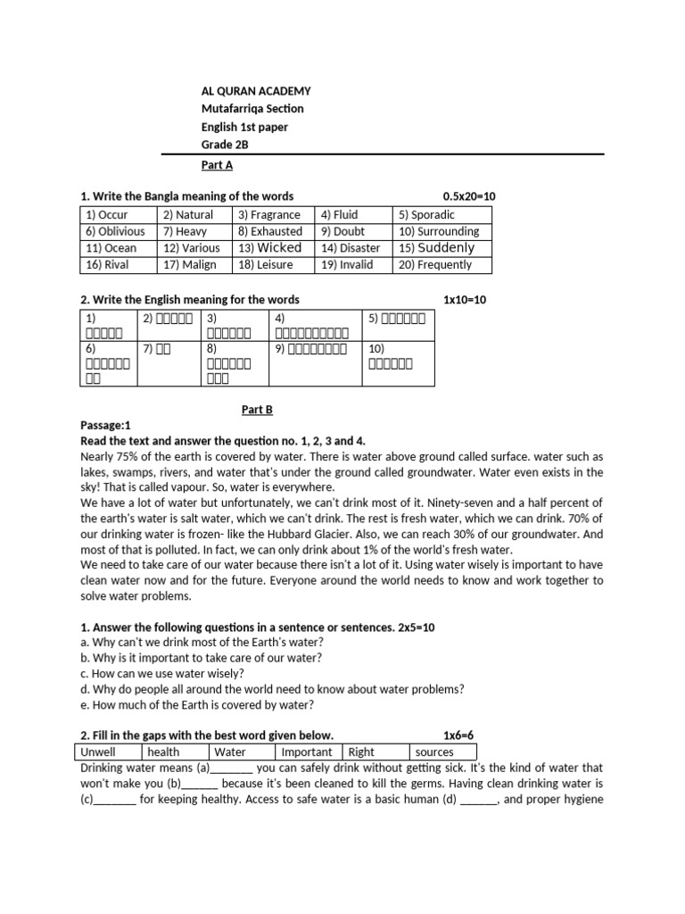 Grade 2-B First Paper Final 23 | PDF | Water | Hygiene