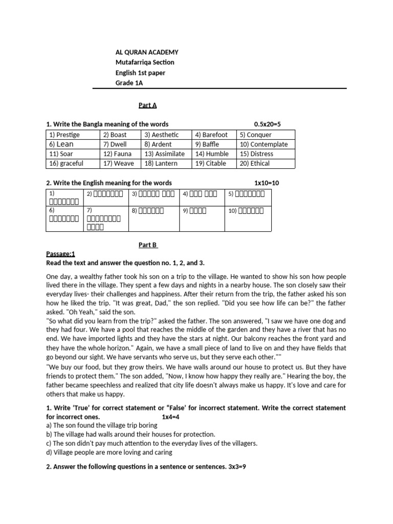 Grade 1A English Vocabulary & Comprehension | PDF | Happiness