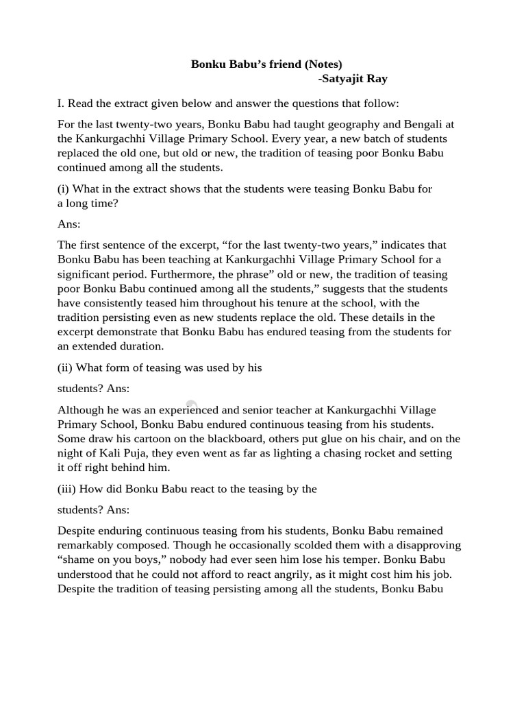 Bonku Babu Question Answers PDF | PDF | Light