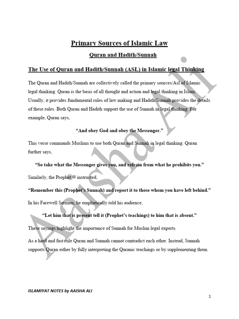Primary Sources of Islamic Law | PDF | Quran | Islam