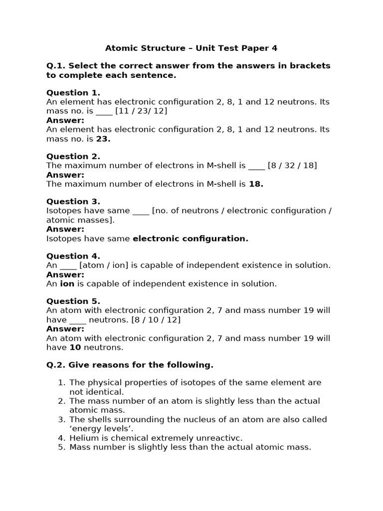 Atomic Structure Unit Test Questions | PDF | Chemical Bond | Covalent Bond