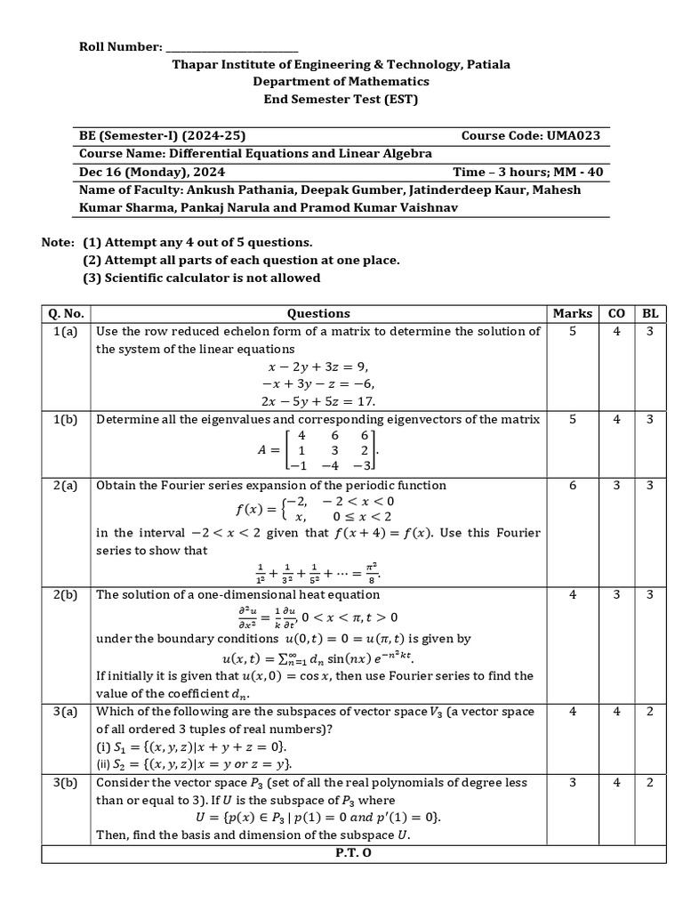 EST Solutions for UMA023 Exam | PDF | Linear Subspace | Eigenvalues And ...