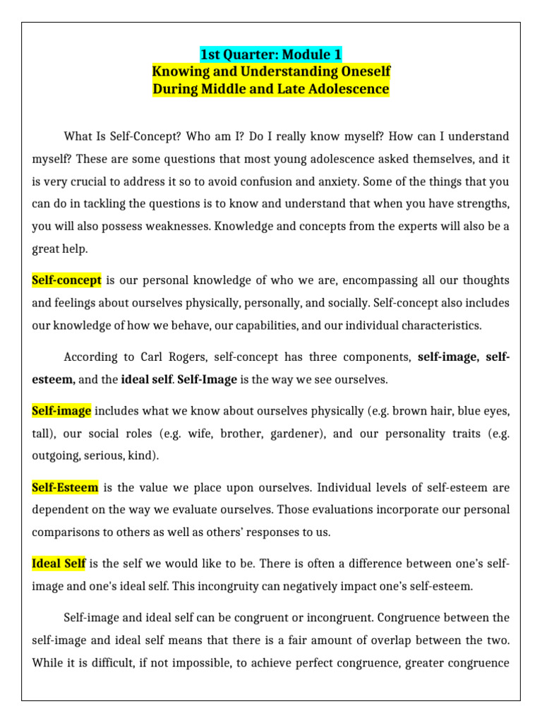 Perdev 1st Quarter Week 1 Lesson Content 1 | PDF | Self Concept | Adolescence