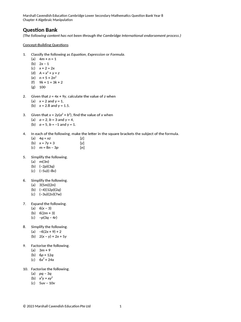 Cambridge Lower Secondary Maths - Stage 8 - QB - C04 | PDF | Formula | Equations