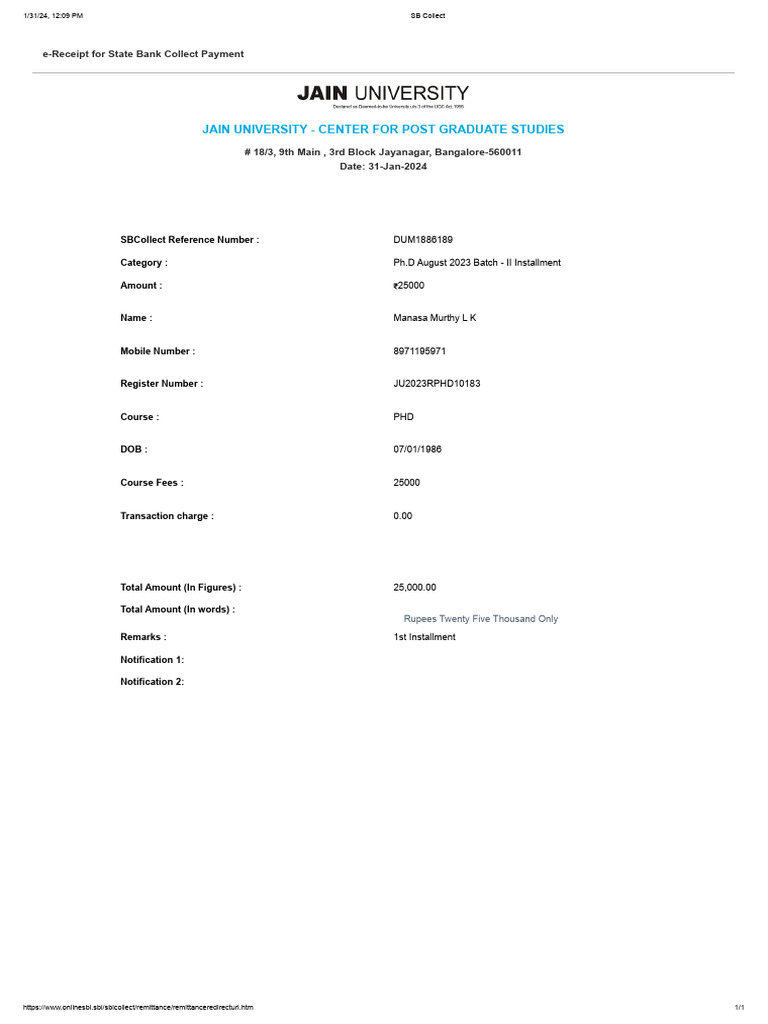 Manasa - PHD - 2nd Install - payment | PDF