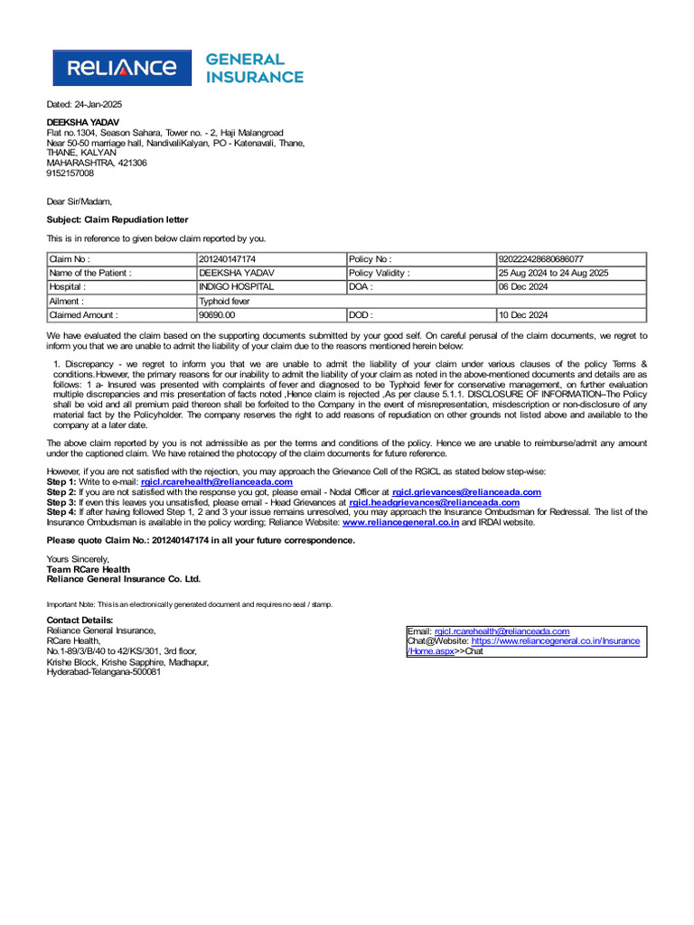 Claim Repudiation Notice for Typhoid | PDF | Private Law | Business Law