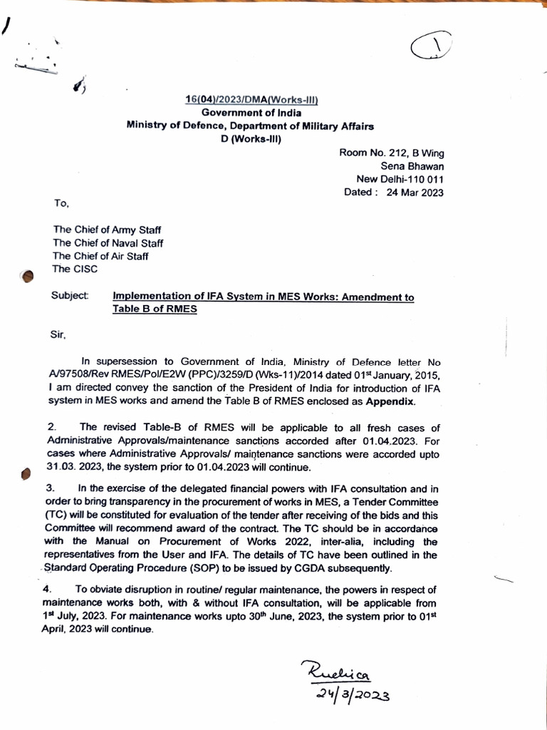 Amendment To Table 'B' of RMES After Implementation of IFA System in ...