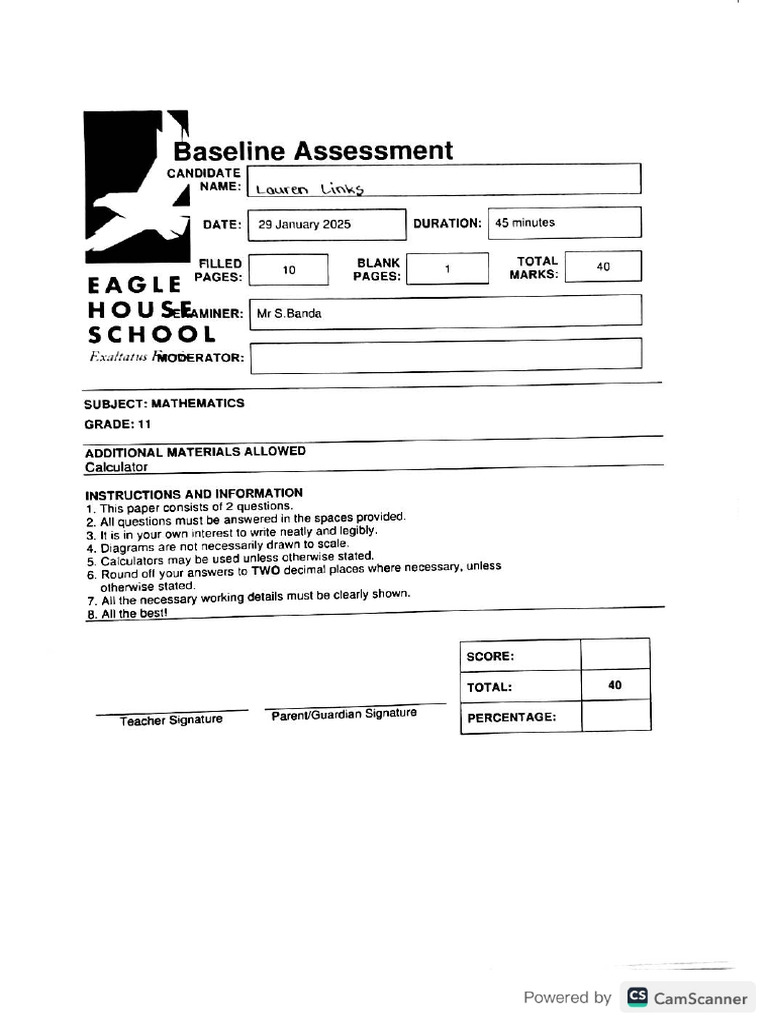 Lauren Links Gr11B Math Baseline Assessment | PDF