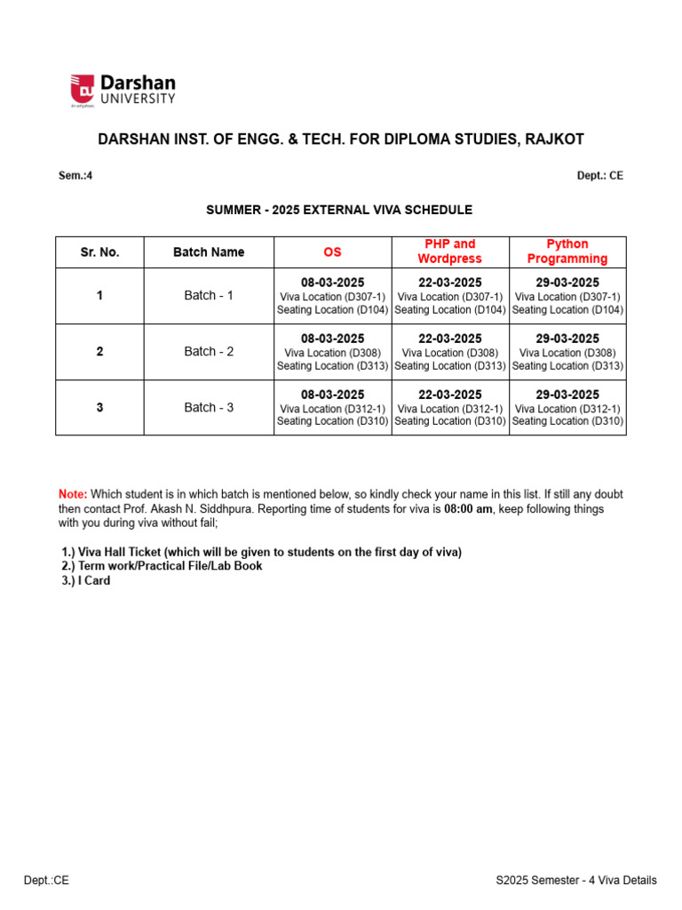 S2025 Sem-4 Viva Schedule and Batchwise Student List | PDF
