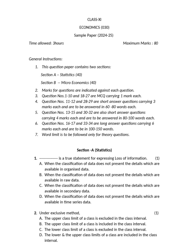 Class 11 ECO Sample Papers 2024 25 | PDF | Mean | Statistics
