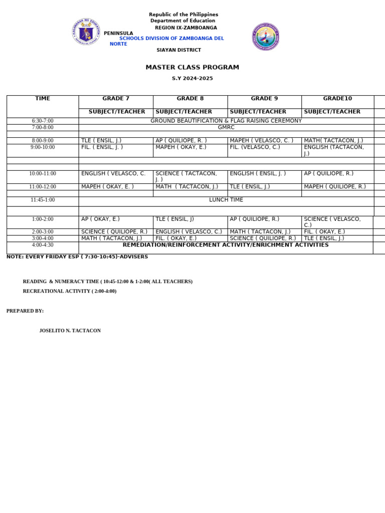 Siayan District Master Class Schedule 2024-2025 | PDF