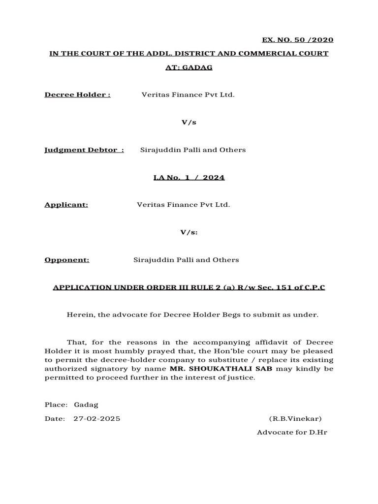 Application for Substituting Gpa holder in execution case | PDF | Judgment (Law) | Affidavit