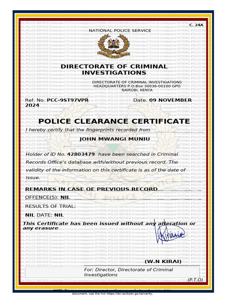Pcc-9st97vpr-Police Clearance Certificate WK | PDF
