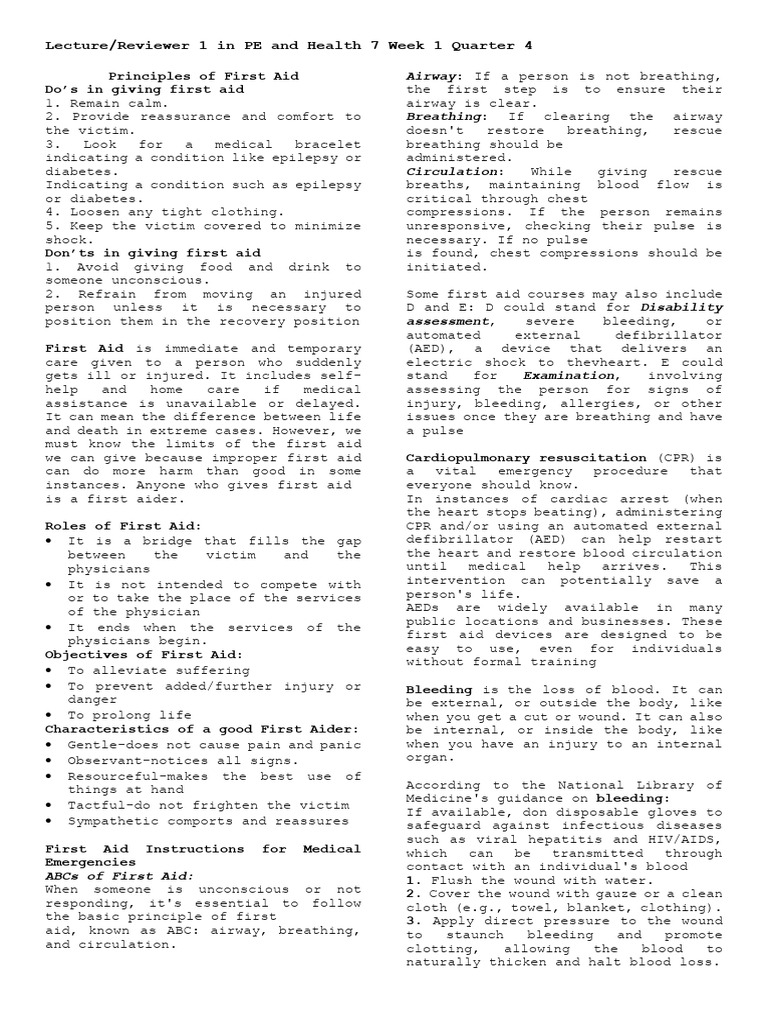 Lecture - Reviewer 1 PEH Q4 | PDF | First Aid | Cardiopulmonary Resuscitation