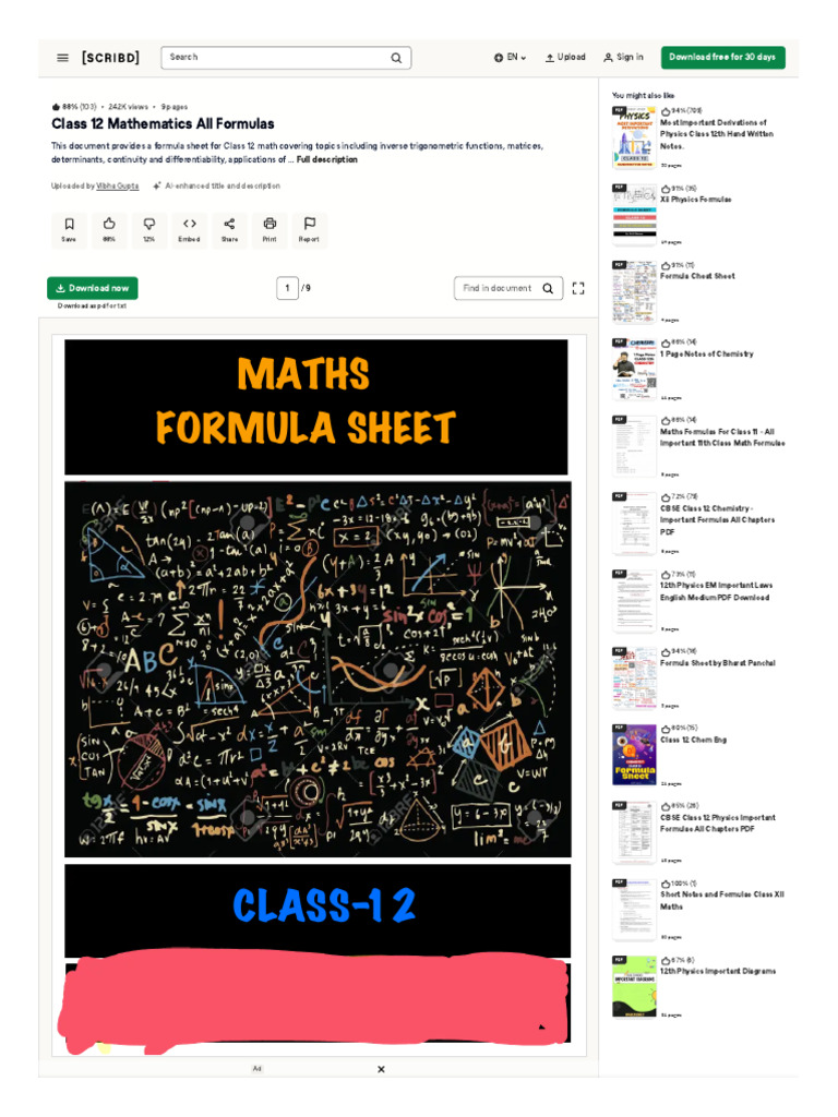 WWW Scribd Com Document 489262829 Class 12 Mathematics All Formulas | PDF | Scribd