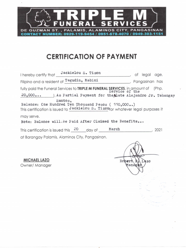 Certification of Payment Triple M | PDF
