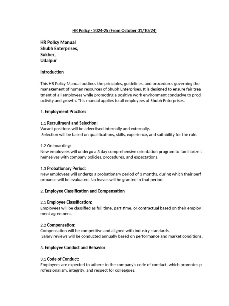 HR Policy Manual 2024-25 Overview | PDF | Employment | Performance ...