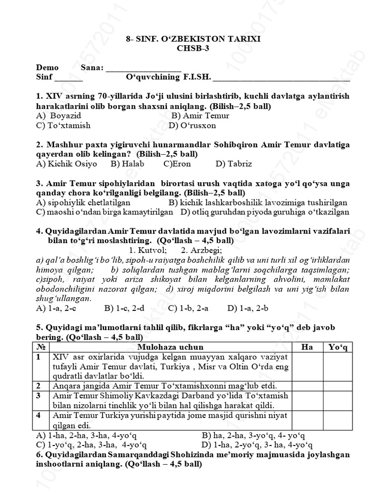 8 - Sinf O'Zbekiston Tarixi CHSB-3 DEMO | PDF