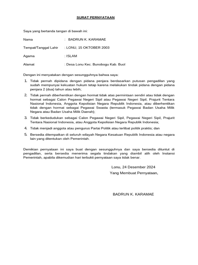 Surat Pernyataan 5 Point Badrun | PDF